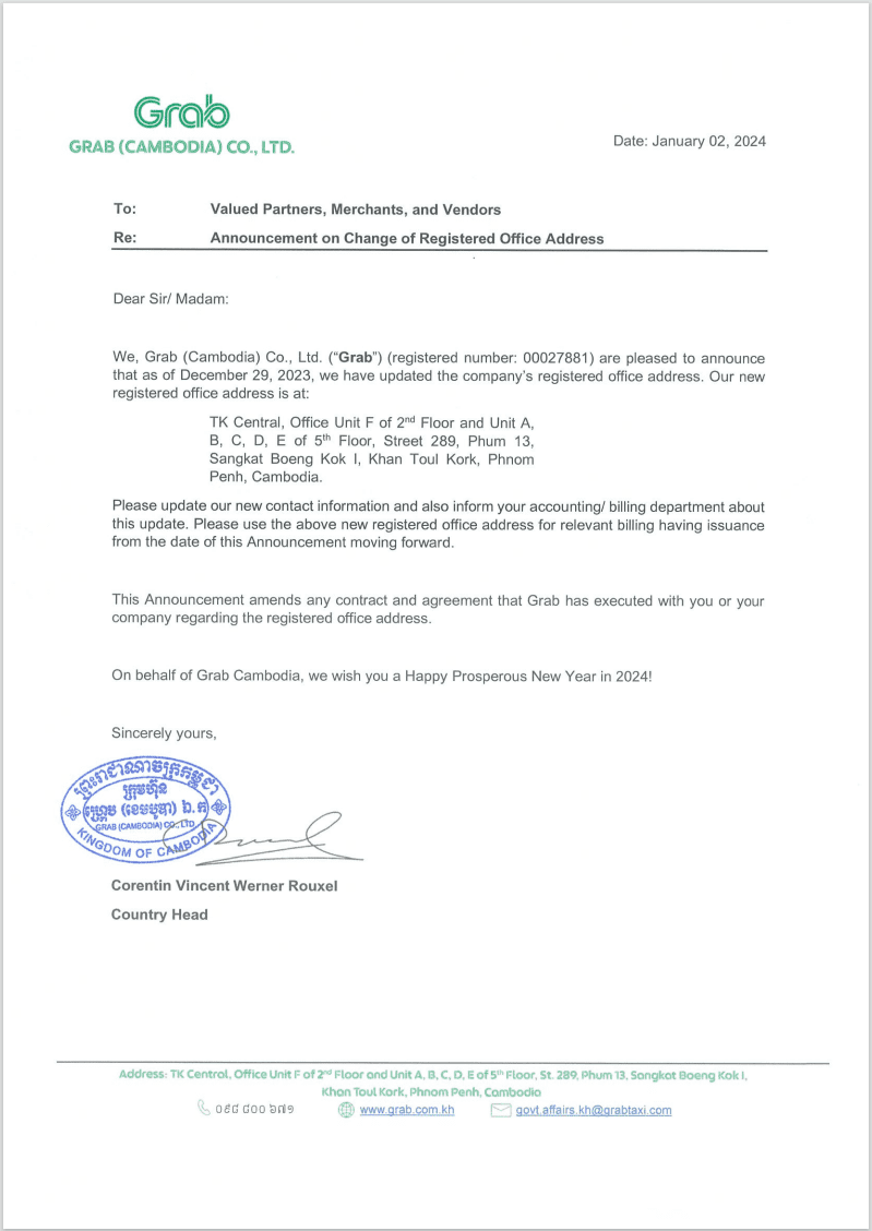 Announcement on change of registered address of Grab | Grab KH