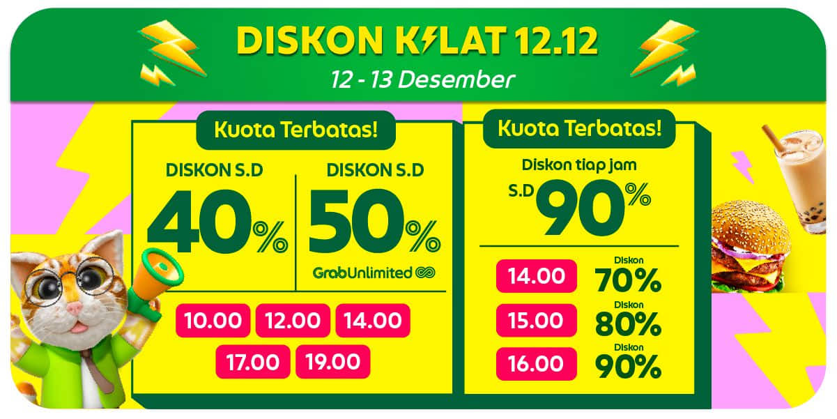 Puncak Diskon Kilat 12.12, Berlimpah Promo Jajan Hemat Sepuasnya! | Grab ID